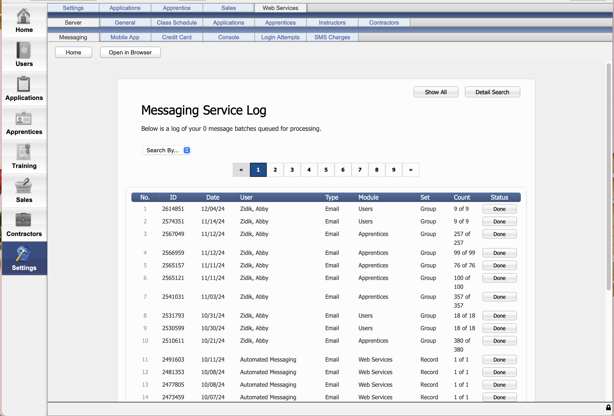 Messaging Service Log – TradeSchool Help